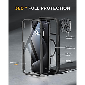 Miracase Magnetic for iPhone 15 Pro Max Case 6.7'' [Compatible with Magsafe] Full-Body Drop Proof Bumper Phone Case for iPhone 15 Pro Max with Built-in 9H Tempered Glass Screen Protector,Black