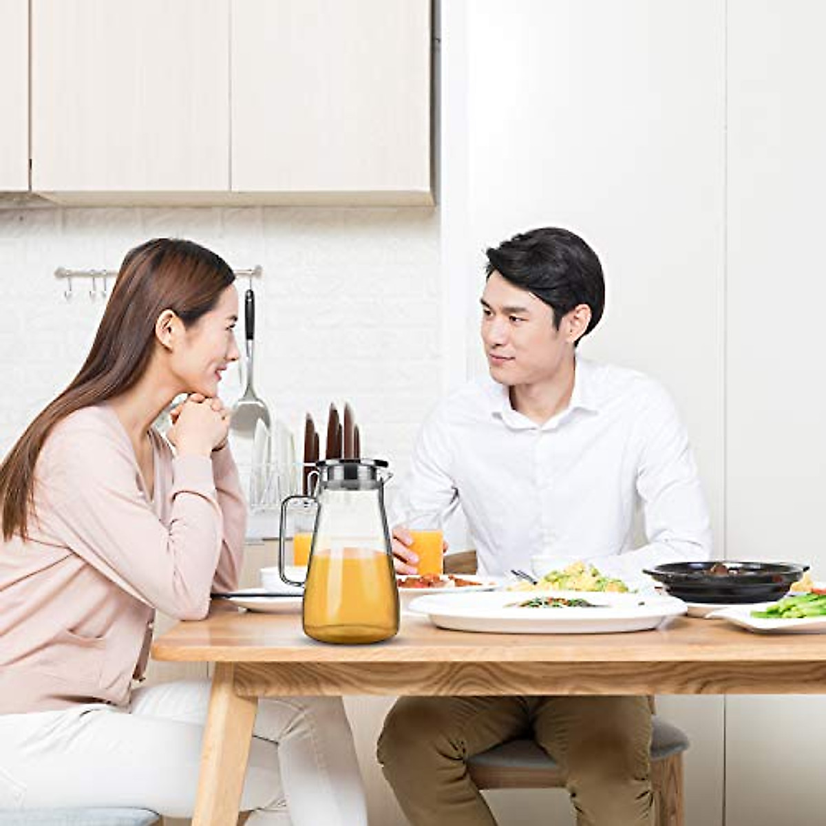 IDEALUX 50 Oz Glass Pitcher with Stainless Steel Lid and spout high heat resistant stove safe pitcher for hot/cold water and iced tea…