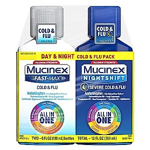 Mucinex Fast-Max Cold and Flu & Nightshift Severe Cold and Flu Medicine for Adults, Over-the-Counter Medication Combo Pack for Sore Throat Relief, Decongestant, Cough & Cold Medicines, 2 x 6 Fl Oz