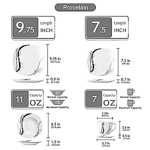VEWEET, Series Fiona, 30-Piece Dinnerware Sets for 6, White Dishes Set with Black and Gray Stripes, Porcelain Dinner Set Including Dessert Plates, Soup Plates, Dinner Plates, Cups & Saucers