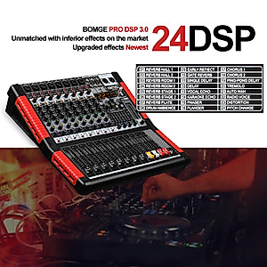 BOMGE X-8 Professional 8 Channel Audio Mixer Sound Board Mixing Console 8 Mic/Line Input Interface USB/MP3/Bluetooth Input 48V Phantom Power 24 FX DSP For PC, Studio Recording, Live Performance
