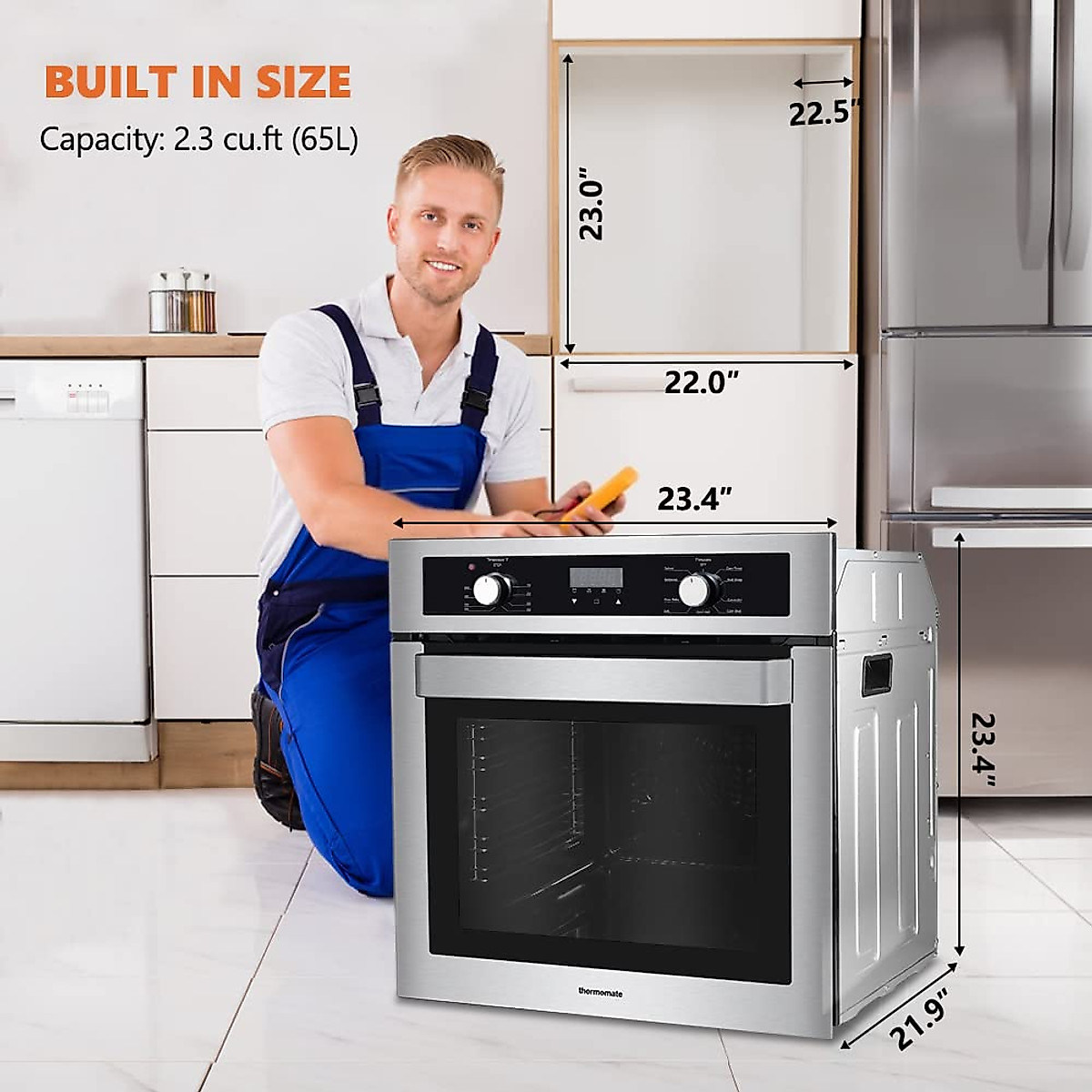 24 Inch Single Wall Oven, ETL Certified,ThermoMate 2.3Cu. Ft. Electric Built-in Oven with 9 Cooking Functions, 360° ROTATING ROTISSERIE, Sensor Touch Control, Stainless Steel