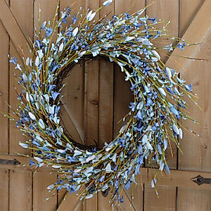 Bibelot 18inch Artificial Forsythia Flower Wreath, All Year Around Wreath for Front Door, Wedding Window Home Wall Indoor Front Door Decor (Blue, 18in)