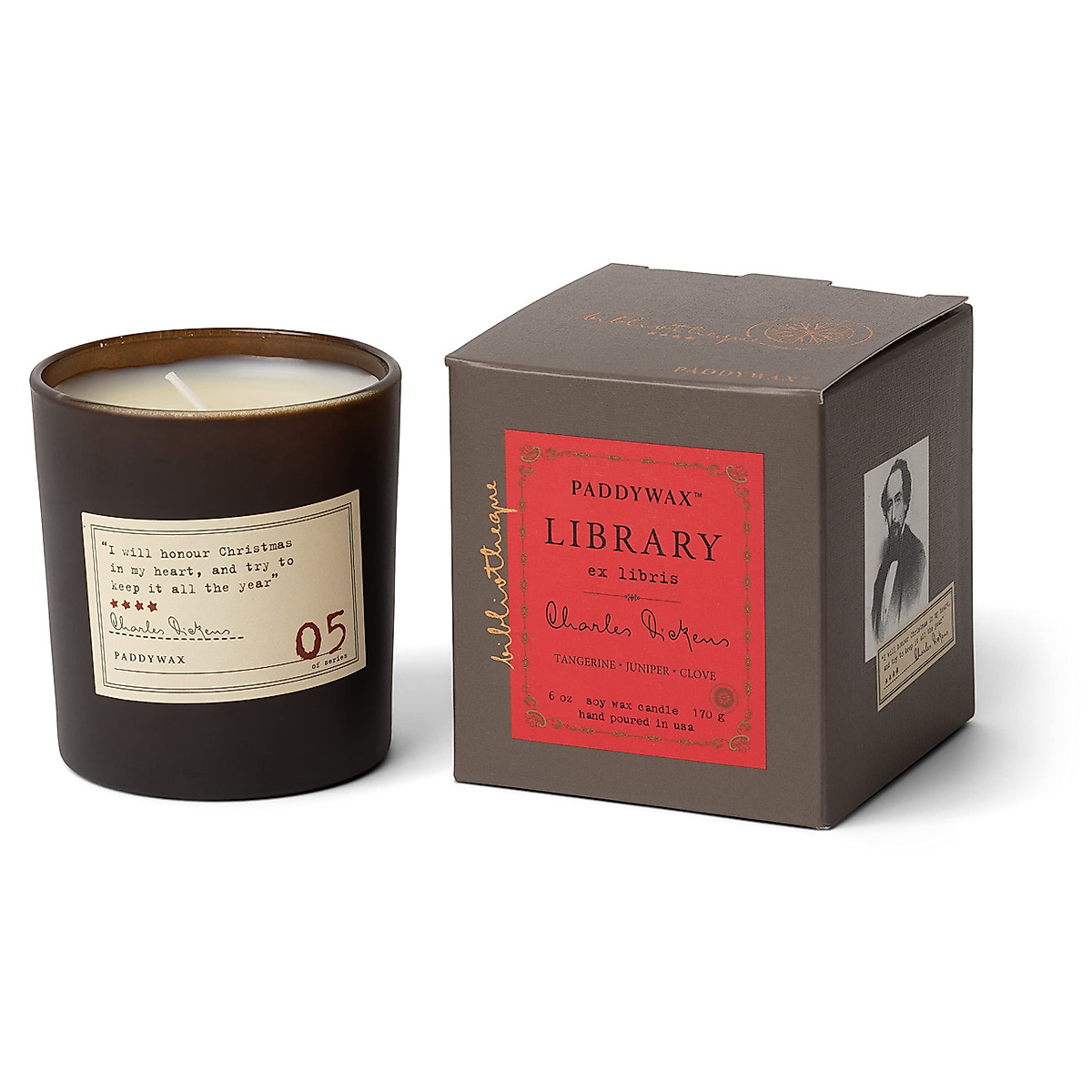Paddywax Scented Candles Library Charles Dickens Luxury Artisan Candle, 6.5-Ounce, Tangerine, Juniper & Clove