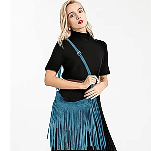 Vintage Tassel Crossbody Bag Premium Vegan Suede Saddle Purse Fringe Shoulder Bag for Women Girls (Turquoise)