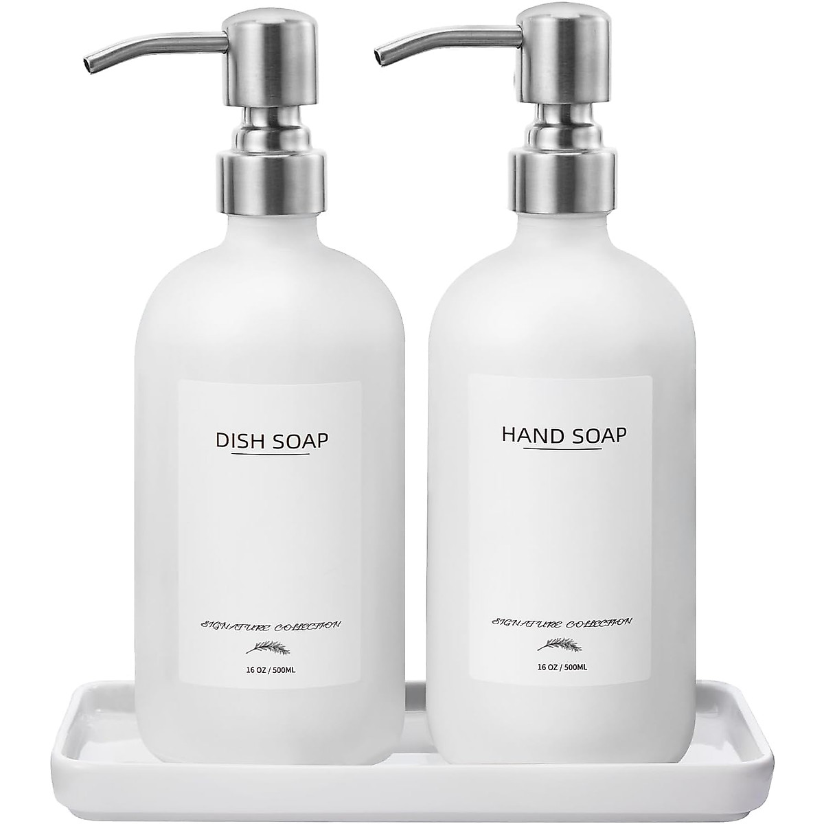 Supforce Kitchen Soap Dispenser Set with Ceramic Tray, 16.9oz Glass Dish Soap Dispenser with 12 Waterproof Labels and Stainless Steel Pump, Hand Soap Dispenser for Kitchen Bathroom Farmhouse