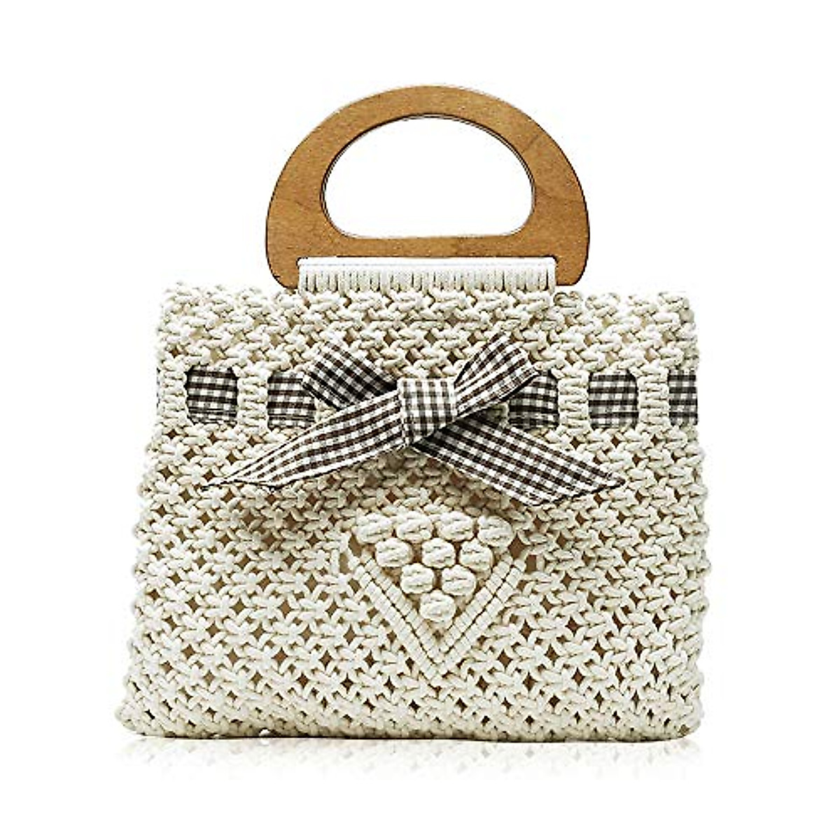 QTKJ Boho Women's Summer Beach Straw Crochet Bag, Hand-Woven Hollow Out Cotton Tote Bag Purse with Bow (White)