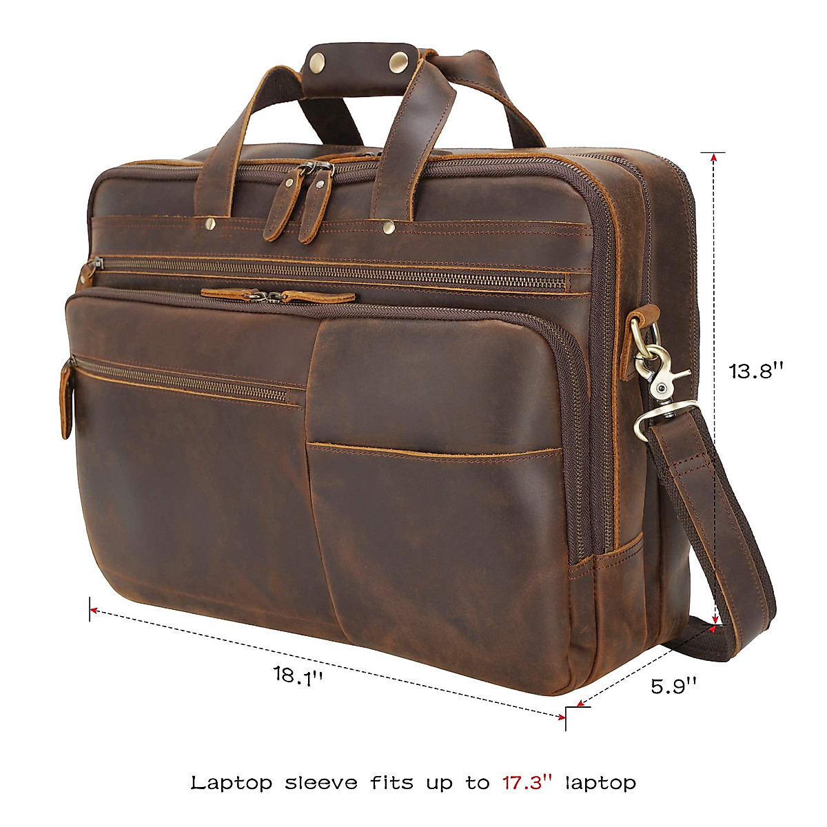 Polare X-Large 18" Full Grain Leather Briefcase For Men Business Travel Case Messenger Bag Fits 17.3" Laptop (Brown)