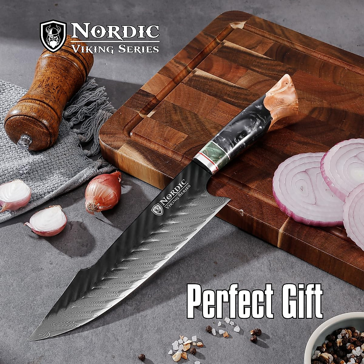 Nordic New Viking Series Professional 8 Inch Chef Knife, Damascus Chef Knife, 67 Layers, Hand Forged Chef Knife with Resin and Maple Wood Handle and Leather Sheath