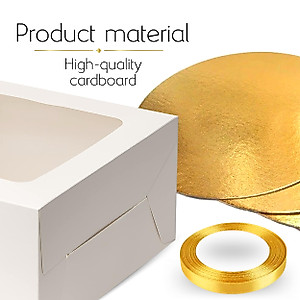 BELMAKS 10 Inch Cake Box Set – Disposable Cake Containers with Lids and Gold Ribbon Bakery Boxes with Window Tall Cake Boxes 10 Inch and 10 Inch Cake Drum Paper Box for Cake with Ribbon and Cake Board