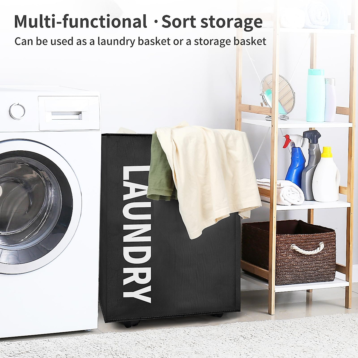 Rolling Laundry Hamper Slim Large, Oxford Cloth With Mesh Lining, Portable Stand, Stylish Minimalist Folding Storage Basket With Rollers (Black1)