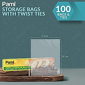PAMI Food Storage Gallon Size Bags With Twist Ties [100 Pieces] - Disposable Plastic Food Bags- Food-Safe Bags For Food Storage- Versatile Bags For Kitchen. Home, Office, Commercial Uses- 11x12.5”