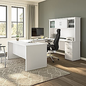 Bestar Logan U Shaped Desk with Hutch in Pure White, 65W
