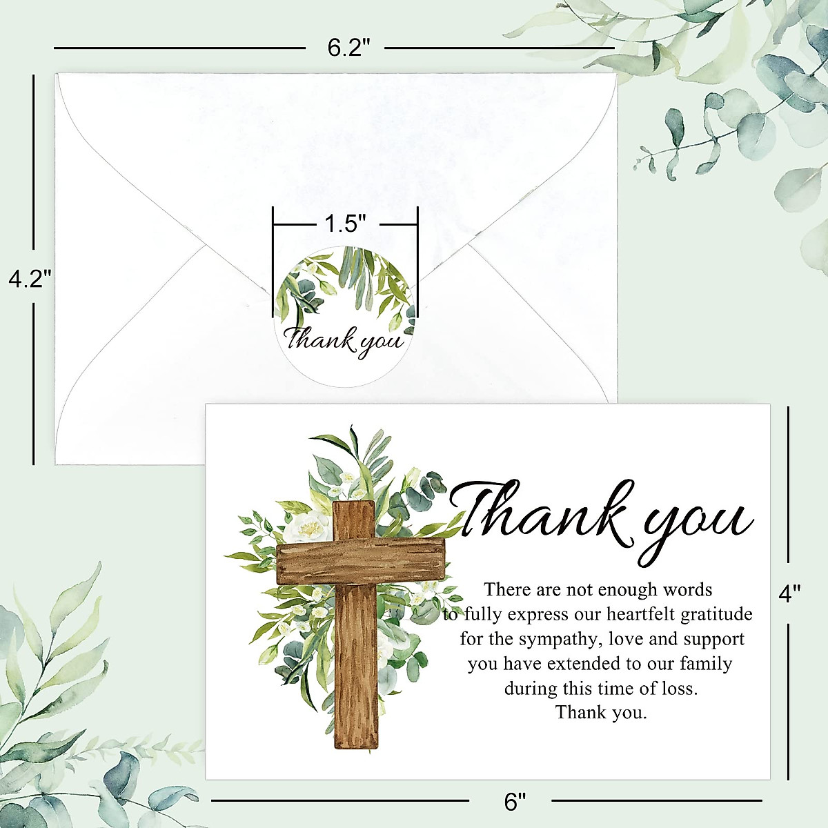 AnyDesign 48Pcs Funeral Thank You Cards Sympathy Thank You Card with Stickers Envelopes Watercolor Greenery Cross Bereavement Card with Message for Memorial Service Loved Ones Celebration of Life
