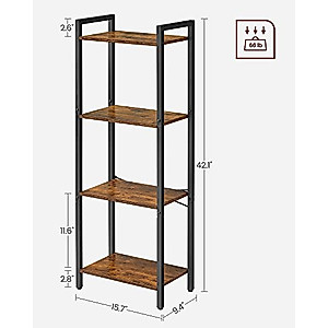 VASAGLE 4-Tier Bookshelf, Small Bookcase, Narrow Book Shelf for Small Space, 9.4 x 15.7 x 42.1 Inches, for Living Room, Office, Study, Entryway, Industrial Style, Rustic Brown and Black ULLS099B01