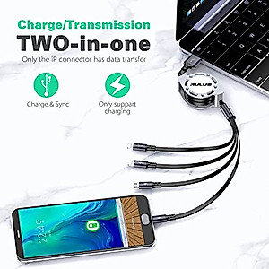 Multi Charging Cable 4A [2Pack 4Ft] 4 in 1 Retractable Multi Fast Charger Cable with 2 * IP/Type C/Micro USB Ports USB Cable for All Phones/iP 12 11 Xs/Samsung Galaxy/Huawei/LG/Google/HTC/Sony/Tablets