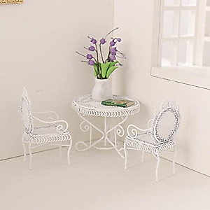 Dollhouse Miniature Bistro Table & Chairs Set Accessories Metal 1:12 Scale Miniatures White Coffee/Tea Furniture Fairy Garden Cute Rustic Elegant Decorations Ornaments (A)