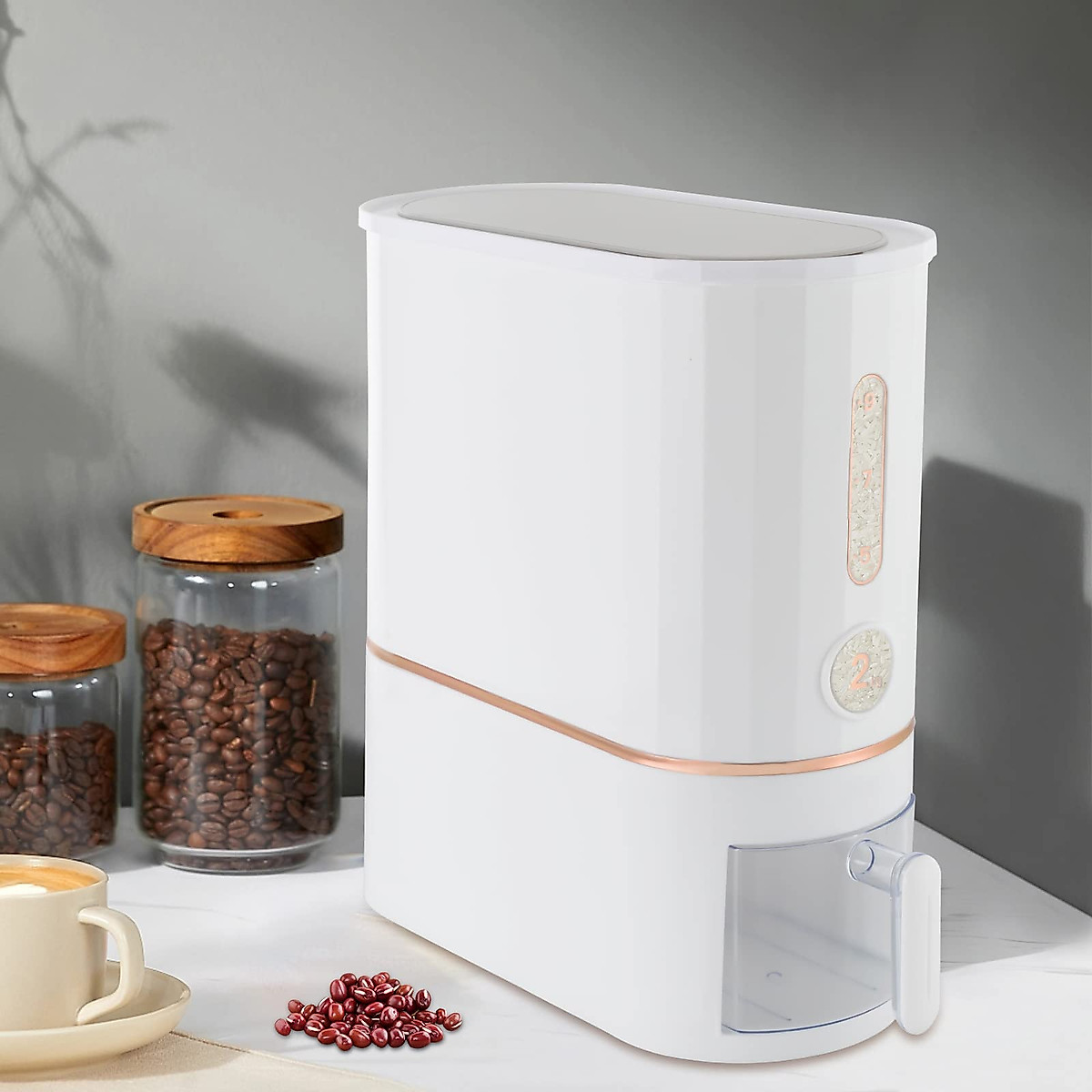 LOYALHEARTDY 22 Lbs Rice Dispenser with Airtight Locking Lid, Large Grain Container Storage with Lid Measuring Cylinder Moisture Proof Household Cereal Dispenser Bucket for Kitchen Soybean Corn