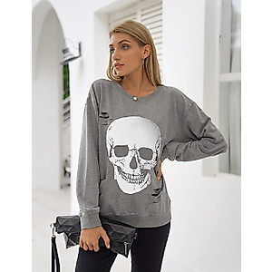 Blooming Jelly Women's Halloween Sweatshirts Skull Graphic T Shirts Long Sleeve Skeleton Shirt Gothic Fall Outfits 2024 (Medium, Grey)