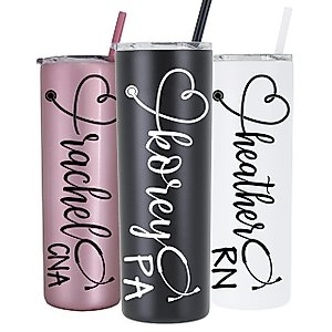 20 oz Personalized Nurse's Stainless Steel Skinny Tumbler with Custom Stethoscope Name by Avito - Includes Straw and Lid - Nurse RN - Nurse Gift