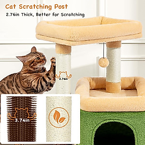 Innsfurr Small Cat Tree for Indoor Cats, Cat Scratching Post with Cat Condo Cat Tower for Multiple Cats, Plush Cozy Perch | Cat Massage Brush | Activity Hanging Pompoms for Kittens, Green