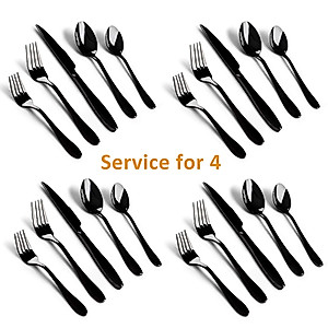 E-far Silverware Set, 20-Piece Black Stainless Steel Flatware Utensil Set, Include Knife/Spoon/Fork, Mirror Polished, Dishwasher Safe - Service for 4