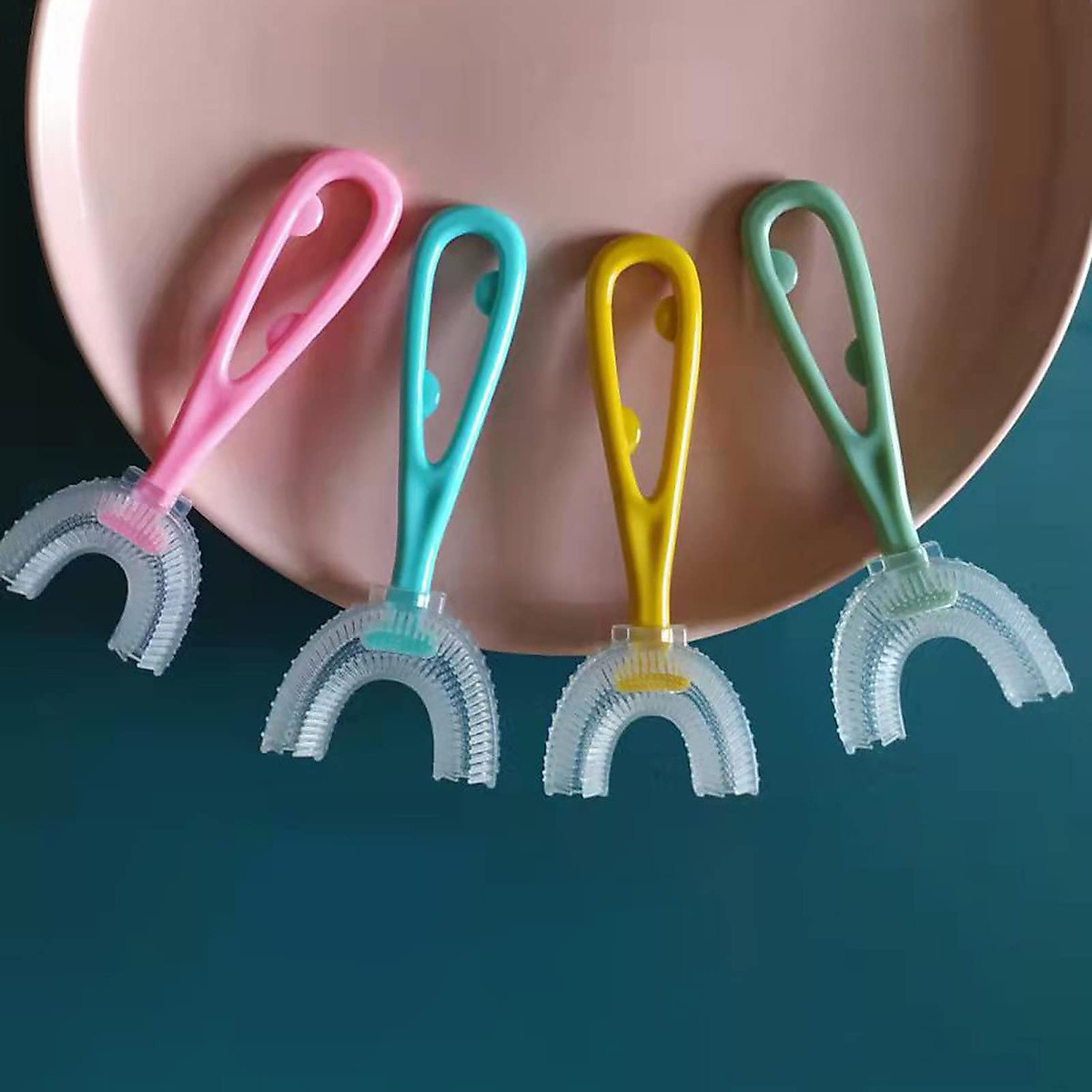 Electric Toothbrush with U-Shaped Toothbrush, Whitening Massage Toothbrush, Baby Toothbrush Food Grade Labor-saving Silicone U-shaped Manual Infant Toothbrush Baby Supplies- Green Small Circle