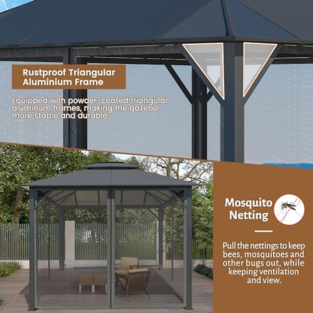 CASAINC Hardtop Gazebo 10x12 FT, Hardtop Gazebos with Double Roof, Aluminum Frame Permanent Outdoor Canopy, Patio Gazebo with Mosquito Netting for Patio Lawn Garden