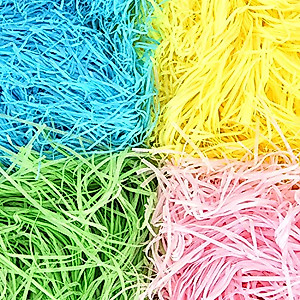 320g 11.3 oz Easter Basket Grass 4 Colors Shredded Tissue Raffia Easter Egg Basket Fillers Easter Basket Stuffers Crinkle Paper DIY Craft for Spring Party Decoration, Green Blue Yellow and Pink