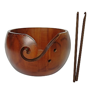 Flueyer Wooden Yarn Bowl Holder, Handmade Yarn Storage Bowl Round Knitting Yarn Bowls with Holes and 2 Crochet Hooks for DIY Knitting Crocheting Accessories,5.9 * 3.15
