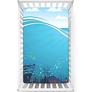 Reef Themed Fitted Mini Crib Sheets,Portable Mini Crib Sheets Soft & Stretchy Fitted Crib Sheet-Great for Boy or Girl Room or Nursery,24“ x38“,Sea Blue Multicolor