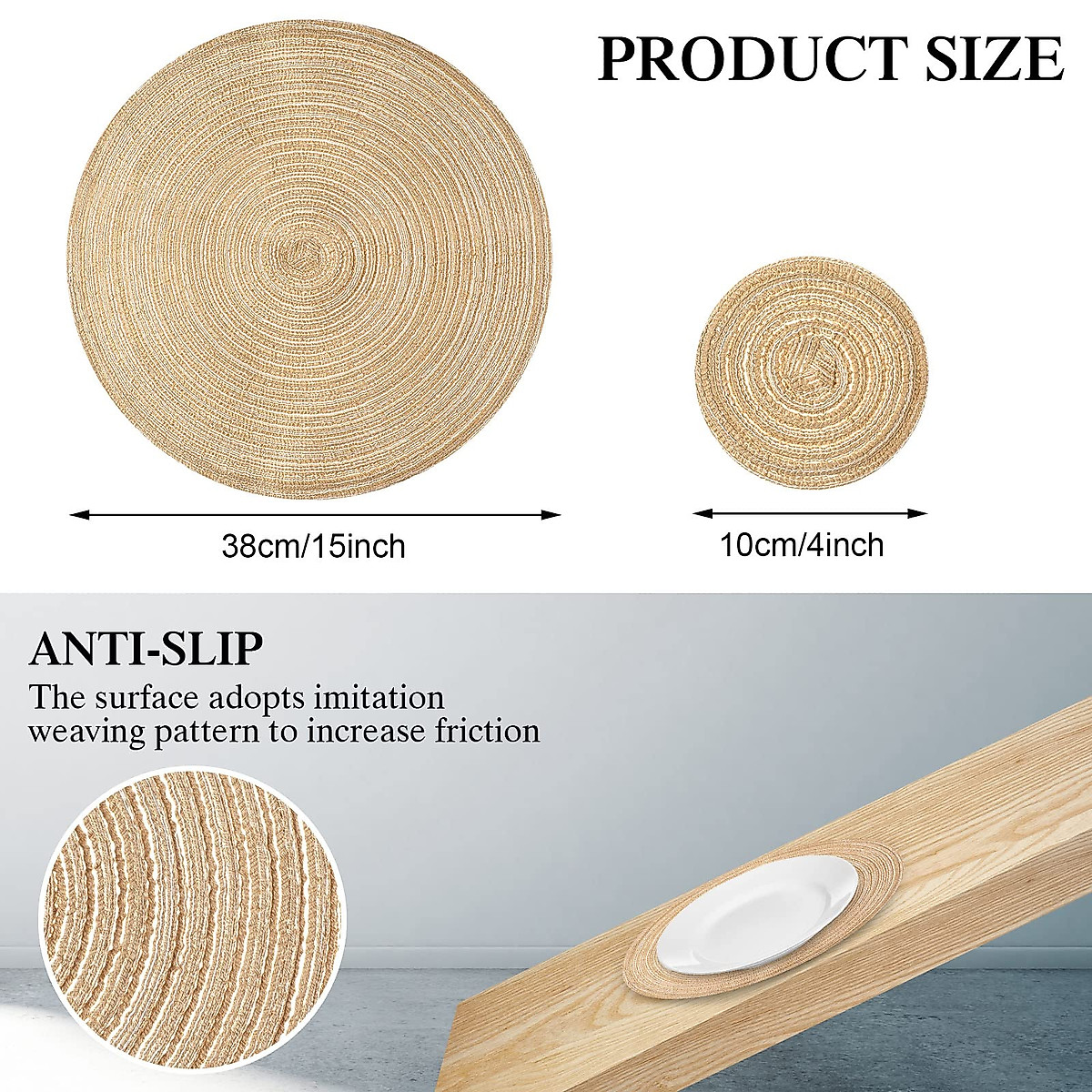 Thenshop 24 Pcs Woven Round Placemats and Rattan Coasters Set 12 Pcs 15 Inch Dining Table Mats 12 Pcs 4 Inch Coasters Non Slip Washable Heat Resistant Farmhouse Boho Place Mat(Beige)