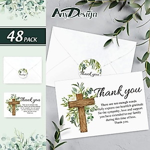 AnyDesign 48Pcs Funeral Thank You Cards Sympathy Thank You Card with Stickers Envelopes Watercolor Greenery Cross Bereavement Card with Message for Memorial Service Loved Ones Celebration of Life