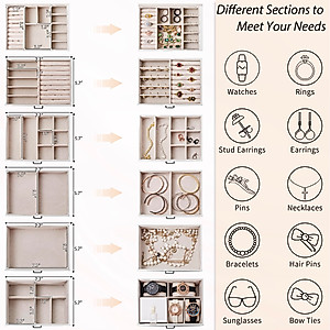 TORIBIO Jewelry Box, Jewelry Case with Small Travel Case Jewelry Storage Organizer, Large Storage Capacity, Faux Leather Jewelry Storage Case with 5 Drawers, for Girls/Women/Mother, White