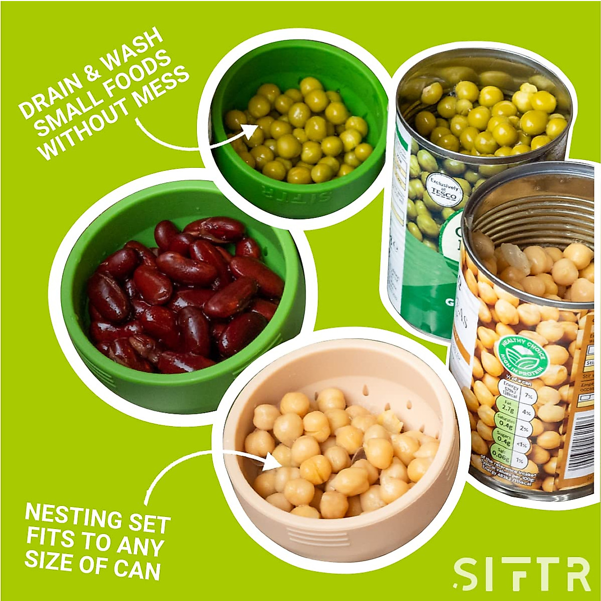 SIFTR (PINK) Nesting Can Strainer Mini Colander Set - Space Saving Small Colanders and Strainers - Multi Use Kitchen Gadget - Silicone Can Strainer