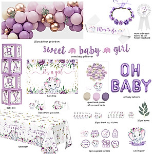 Elephant Baby Shower Decorations for Girl, Pink Purple Elephant Baby Shower Party Supplies, It's a Girl Backdrop Tablecloth Elephant Balloon Arch BABY Box Sweet Baby Girl Banner Mom to Be Sash