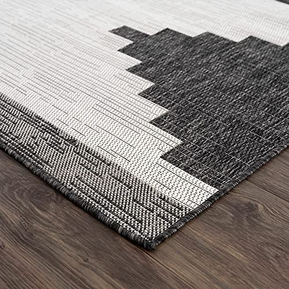 Hauteloom Djugun Outdoor Area Rug - Outside Porch Patio Rug Carpet - Waterproof Rug - Geometric - Black, Gray, Off White, White - 7'10" x 10'2"