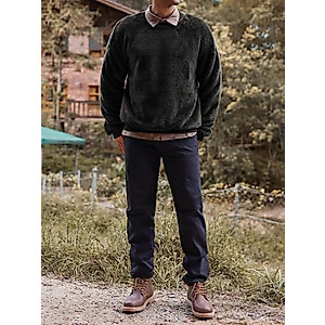Mens Fuzzy Sherpa Sweatshirt Long Sleeve Fluffy Crew Neck Pullover Cozy Basic Unisex Fall Winter Warm Tops Black