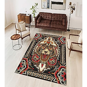 wisemandesign Tattoo Design Rug, Tiger Themed Rug, Traditional Tattoo Rug, Custom Rug, Popular Rug, Cheap Rug, Living Room, Personalized Gift,Gift for (62X82inch//160x210Cm)