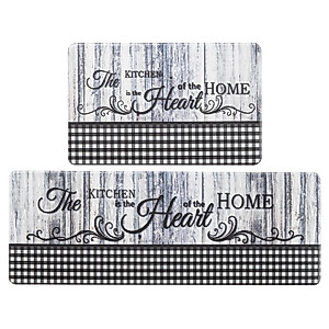 Asrug Black and White Plaid Checkered Comfort Kitchen Standing Desk Mat Anti Fatigue Ergonomic Floor Pad Rug Waterproof Stain Resistance Non Slip Kitchen Set, 17.3''x27.6''+17.3''x47.2'', Wood Plaid