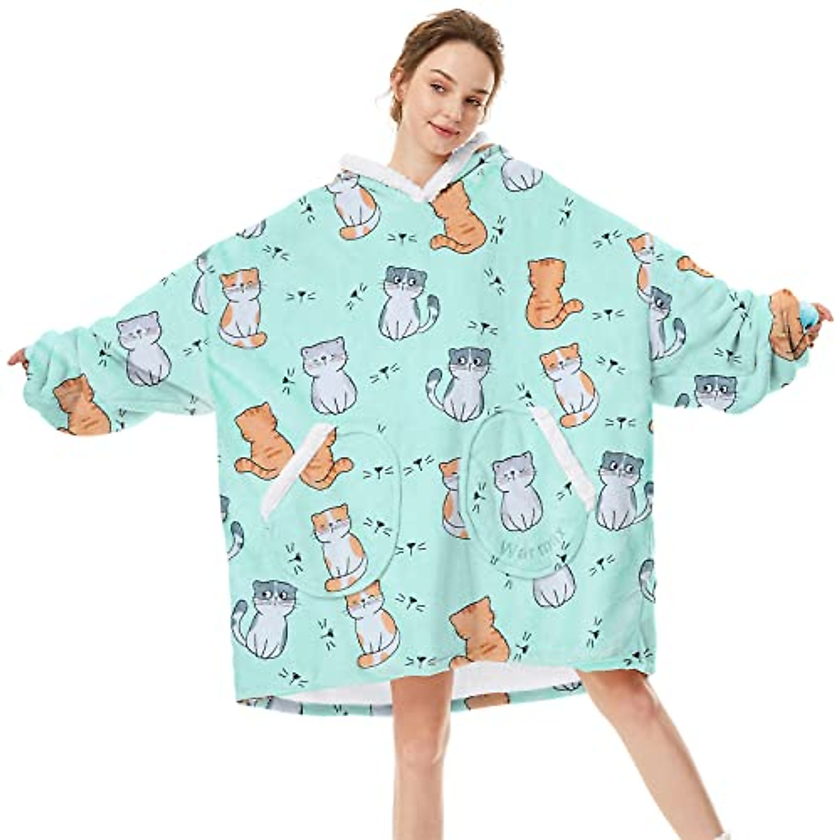 Wearable Blanket Hoodie for Women Men Oversized Giant Thick Cozy Fleece Sherpa Soft Warm Weighted Sweatshirt Hooded Cat