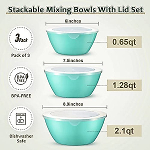 Wehome Mixing Bowls with Lids Set，Plastic Mixing Bowls for Kitchen Preparing，Serving and Storing，Set of 3-Includes 3 Bowls and 3 Lids，BPA-FREE Neat Nesting Bowls with Sealing Lids (Aqua)