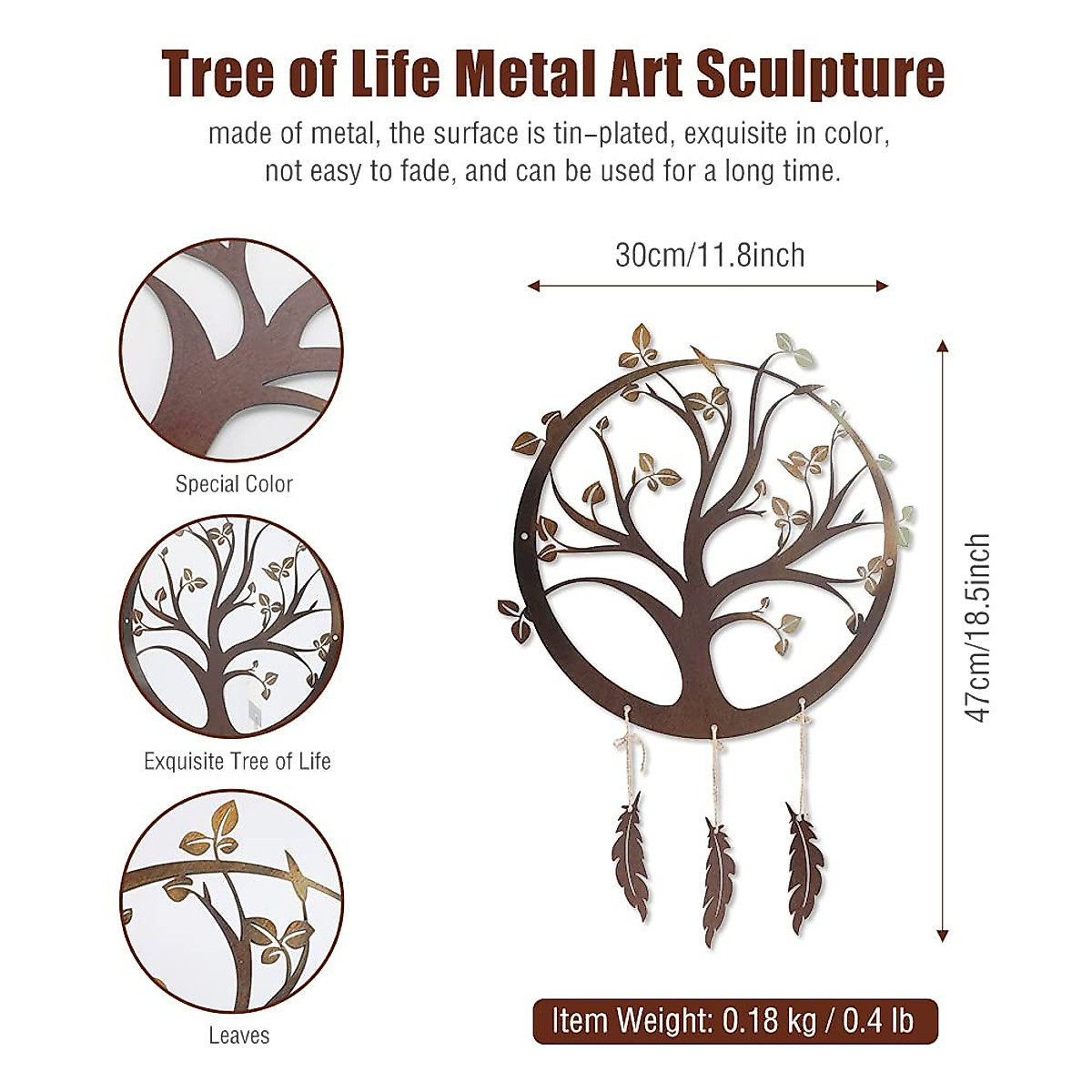 Topretty Tree of Life Metal Art Sculpture, Wall Hanging Tree Silhouette Decor with 3 Leaves, Tree Life Metal Hang Wall Artwork Plaque for Balcony Porch Living Room Garden Bedroom Office, 11'' x 11''