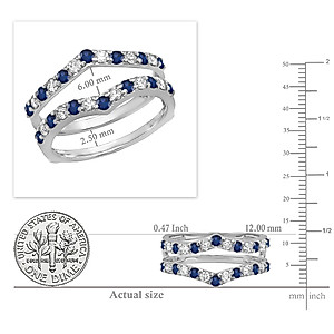 Dazzlingrock Collection Alternate Round Blue Sapphire & White Diamond Double Guard Wedding Band Enhancer Ring for Women in 10K White Gold, Size 6
