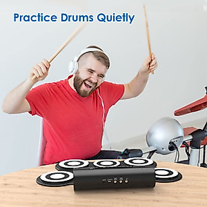 7 Pads Electronic Drum Set, Roll Up Drum Practice Pad Midi Drum Kit with Headphone Jack Built-in Speaker Drum Pedals Drum Sticks 10 Hours Playtime（White)