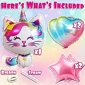 OMG Party Factory Caticorn Party Supplies Balloon Decorations | Birthday Decor for Girls Cat Unicorn Theme | Fancy Rainbow Kitty Balloons for Bday or Baby Shower | Mylar Foil Balloon Set for Kids