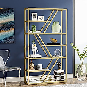 Tribesigns Gold Bookshelf, 7-Shelves Modern Etagere Bookcase, Staggered Book Shelves Display Shelf Organizer with Open Storage & Gold Sturdy Metal Frame for Home Office
