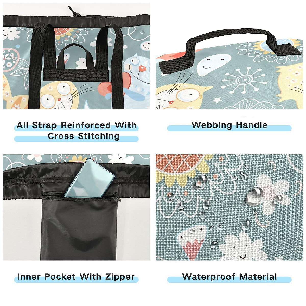 QwThum Laundry Bag Backpack,Travel Laundry Bags with Shoulder Straps Oxford Large Hanging Laundry Hamper Bag for College,Laundromat,Apartment Cute Cat