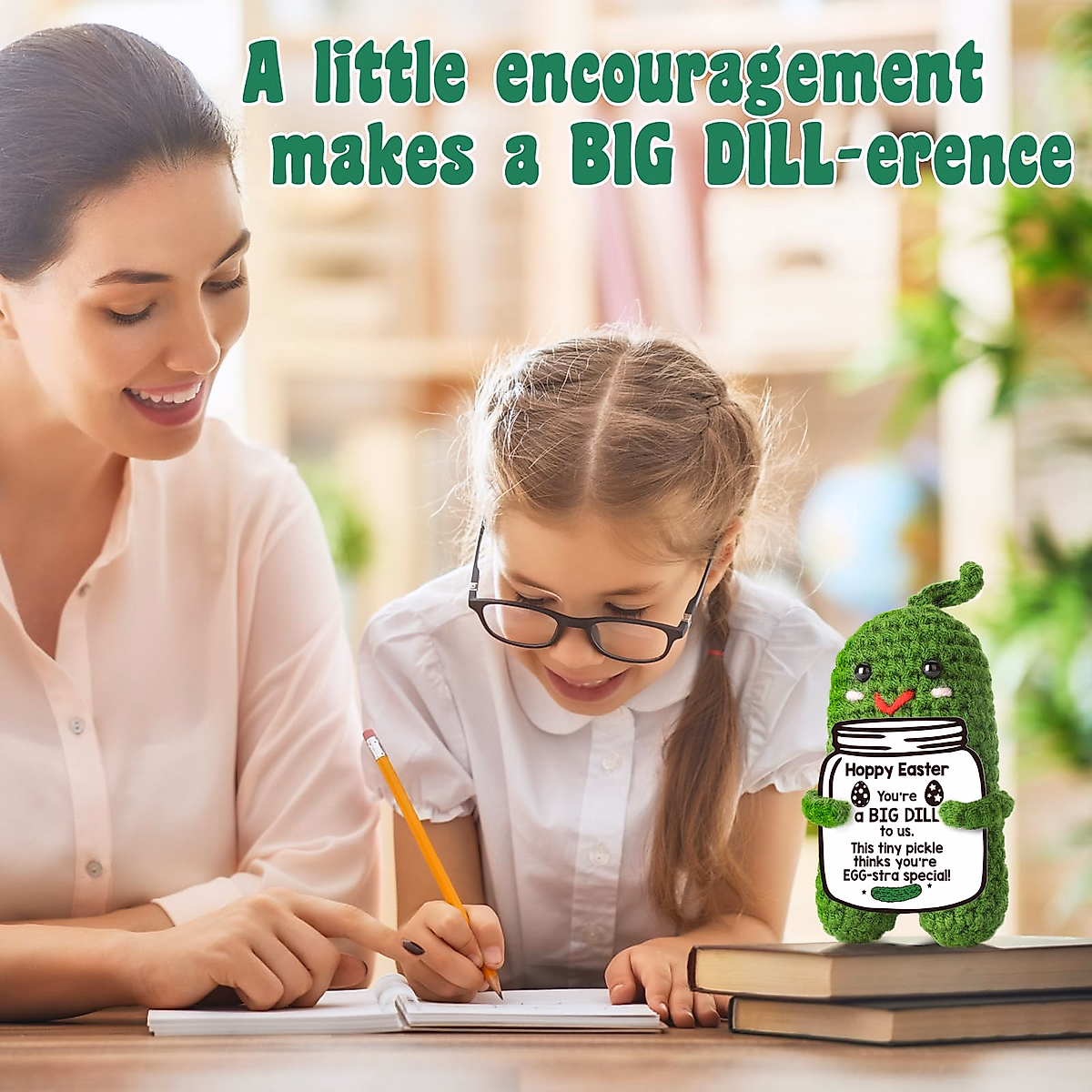 Hoppy Easter Pickle Plush - You're a Big Dill! Funny Crochet Pickle Doll, Handmade Easter Basket Stuffers for Teens, Unique Easter Eggs Fillers, Cute Easter Gifts Toys 5 Inch