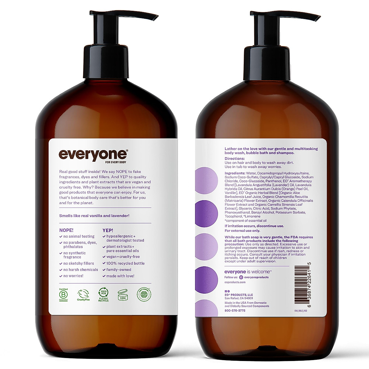 Everyone 3-in-1 Soap, Body Wash, Bubble Bath, Shampoo, 32 Ounce, Vanilla and Lavender, Coconut Cleanser with Plant Extracts and Pure Essential Oils (Pack of 2)